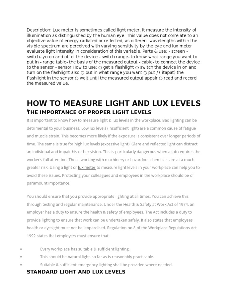 Lux Meter Description | PDF | Lighting | Light