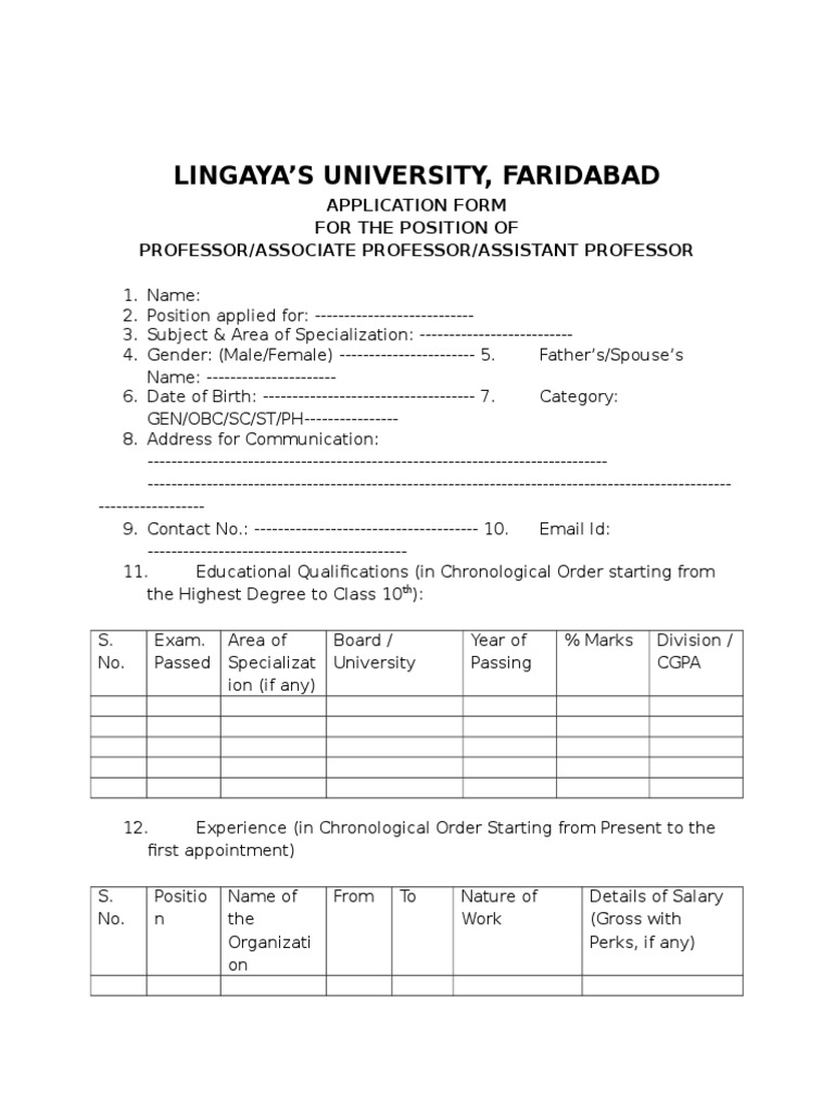 Lingaya'S University, Faridabad: Application Form For The Position of ...