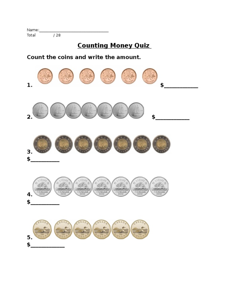 Counting Money Quiz: Count The Coins and Write The Amount | PDF