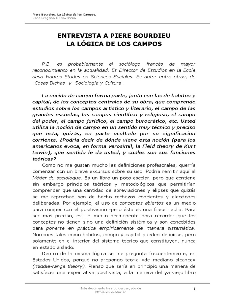 P. Bourdieu. La Logica de Los Campos PDF | PDF