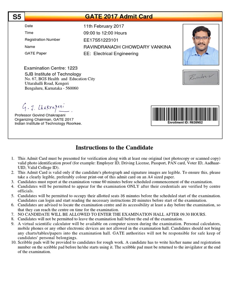 GATE 2017 Admit Card: Instructions To The Candidate | Download Free PDF ...