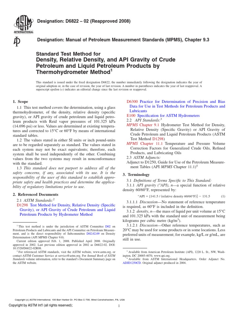 Density, Relative Density, and API Gravity of Crude Petroleum and Liquid Petroleum Products by ...
