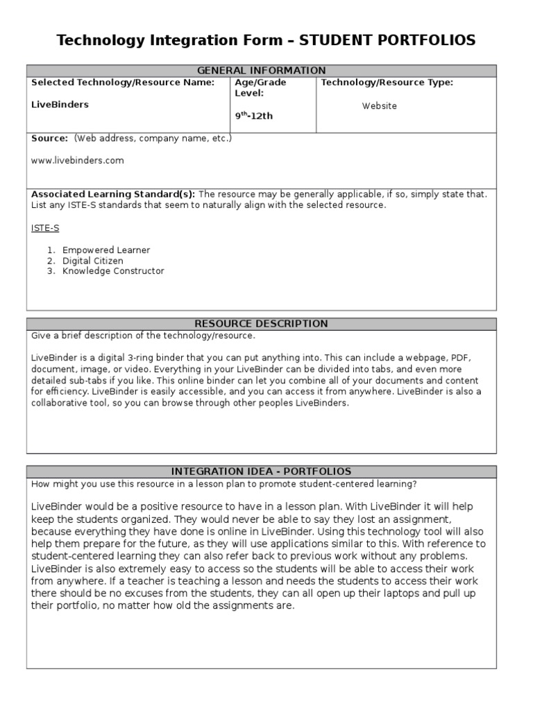 Technology Integration Form - STUDENT PORTFOLIOS: General Information ...