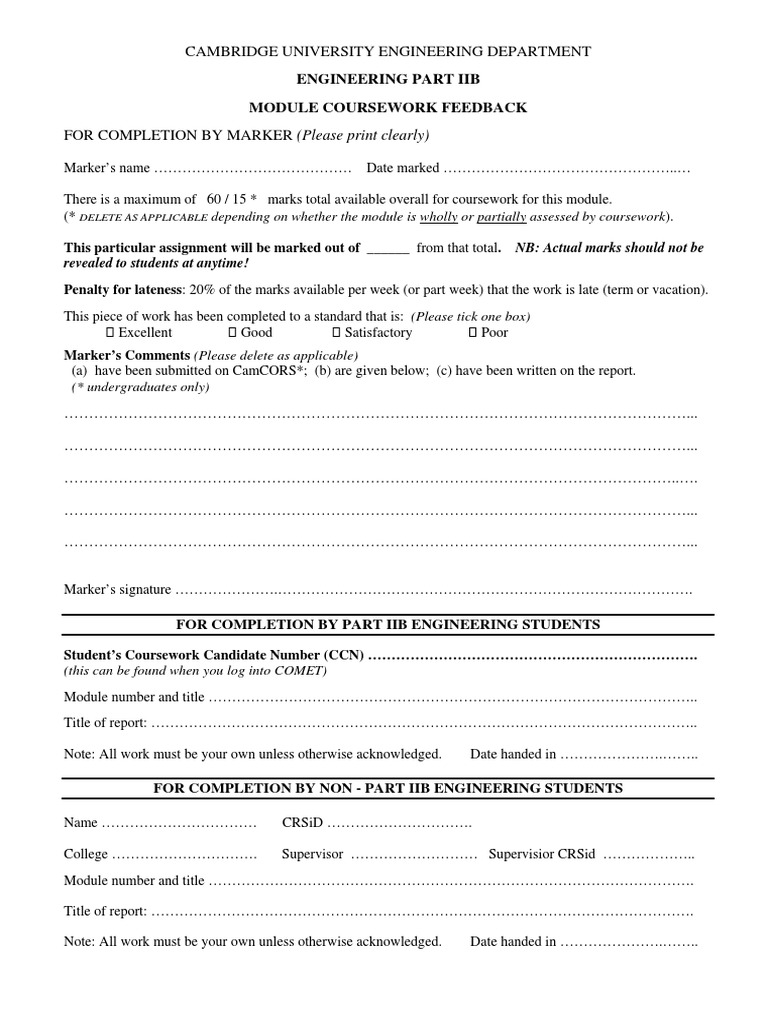 Engineering Coursework Feedback Form | PDF