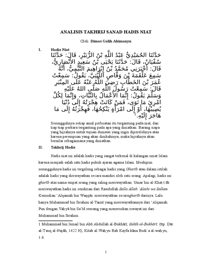 Analisis Takhrij Sanad Hadis Niat | PDF