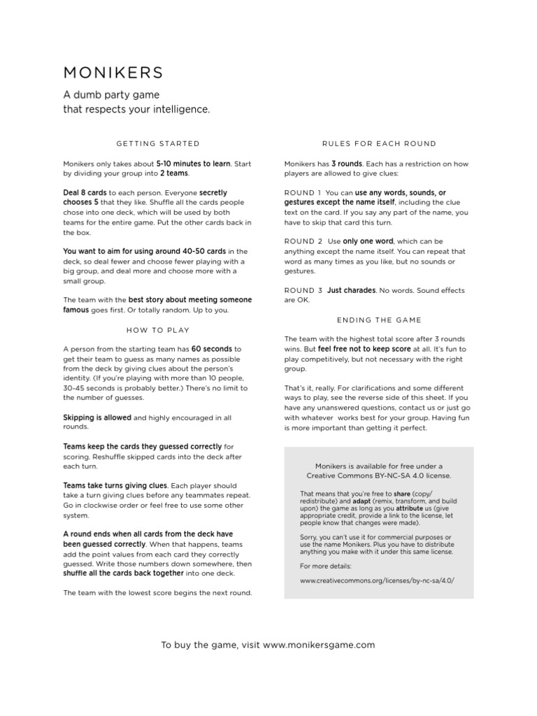 Monikers: A Dumb Party Game That Respects Your Intelligence | PDF ...