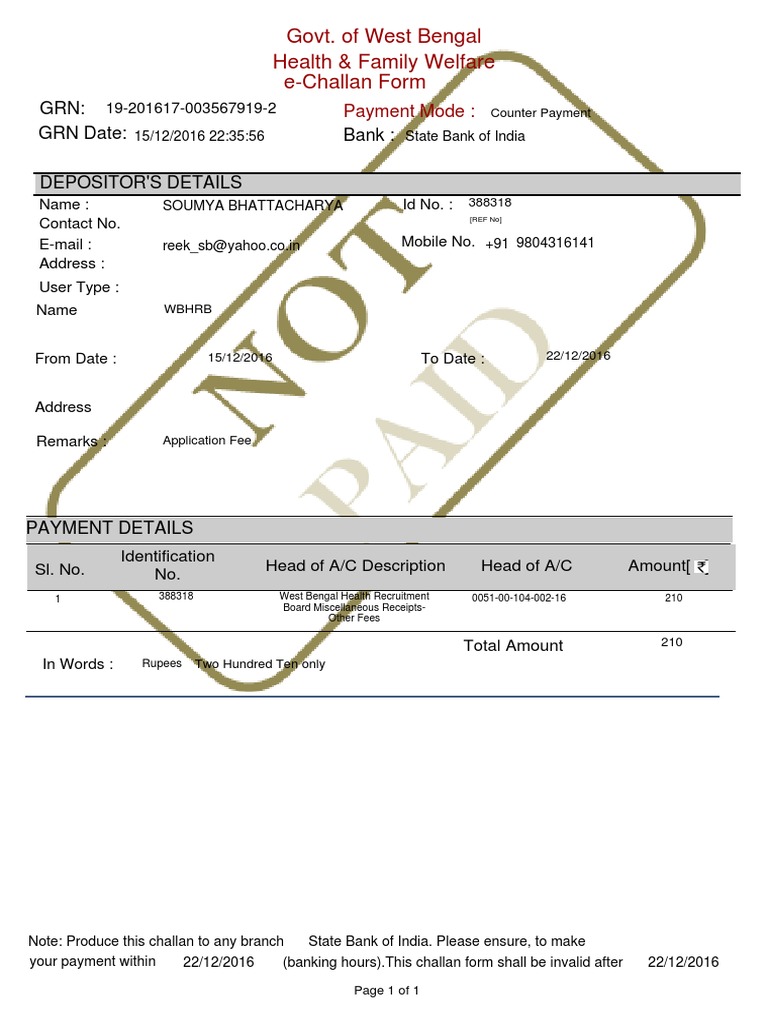 Govt. of West Bengal Health & Family Welfare E-Challan Form: GRN: GRN ...
