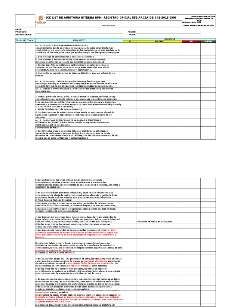 Check List de Auditoría Interna BPM Registro Oficial 555 (Actualizada ...