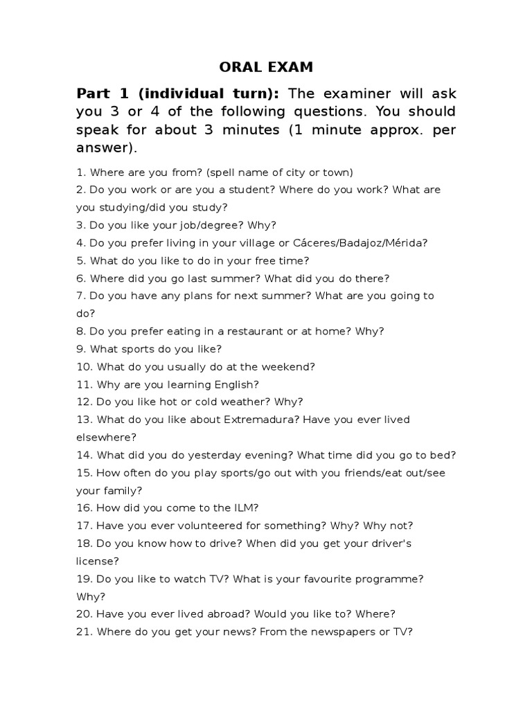 ORAL EXAM B1 Part 1 Questions | PDF | Sports & Recreation