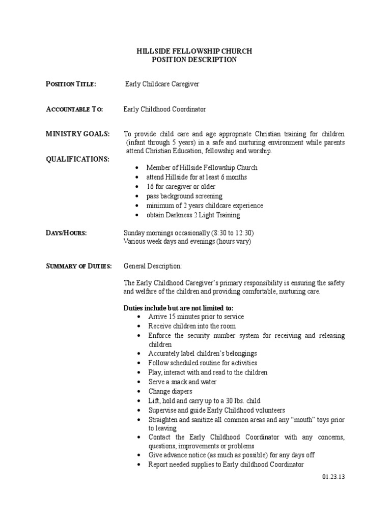Early Childhood Caregiver Job Description | PDF | Child Care ...