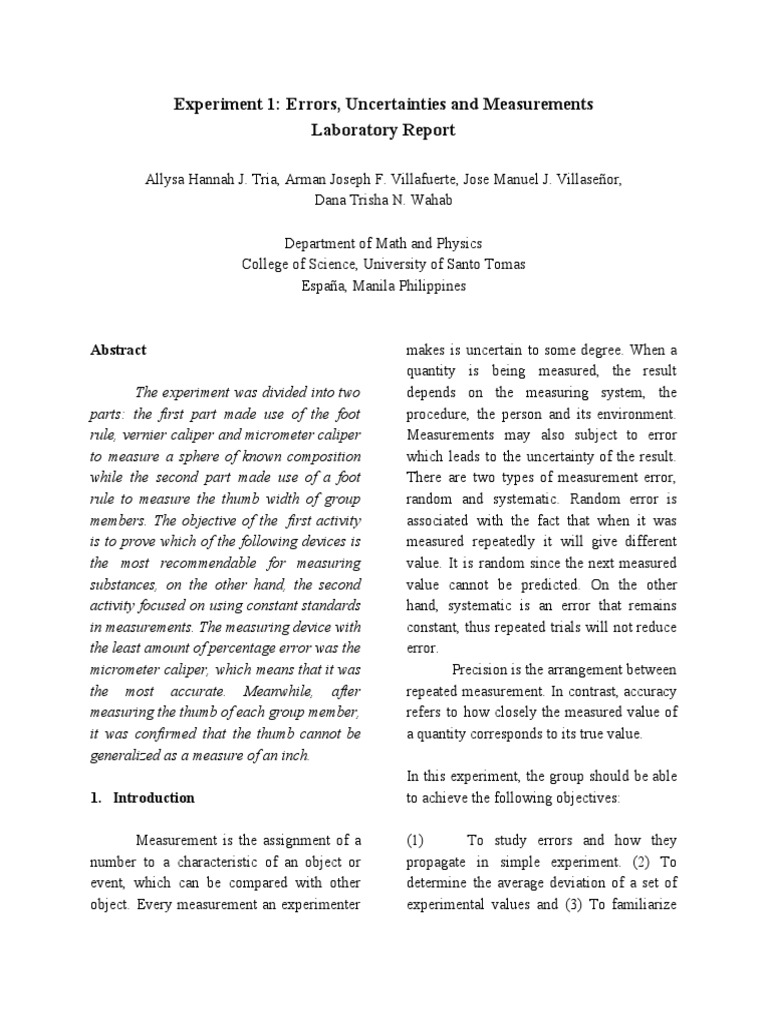 Experiment 1: Errors, Uncertainties and Measurements Laboratory Report | PDF | Accuracy And ...