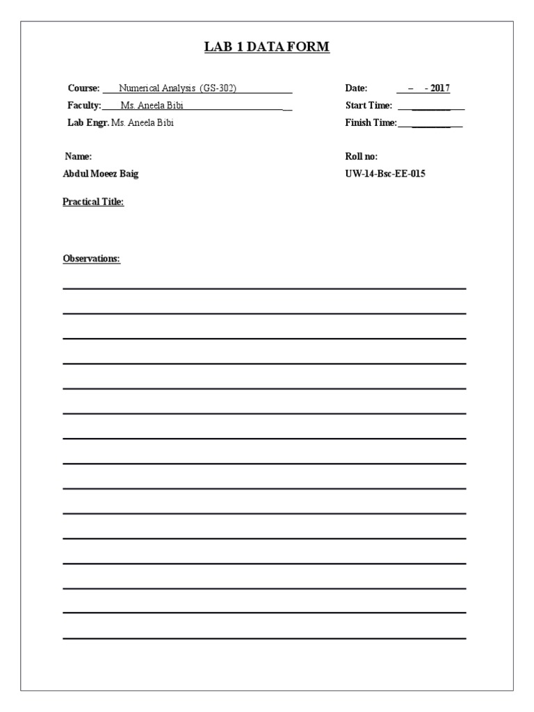 Lab 1 Data Form: Numerical Analysis (GS-302) Ms. Aneela Bibi | PDF
