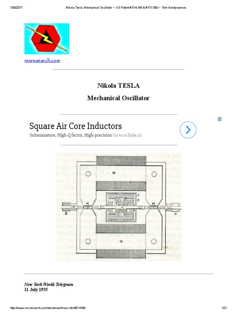 Nikola Tesla - Mechanical Oscillator - US Patent # 514,169 & # 517,900 ...