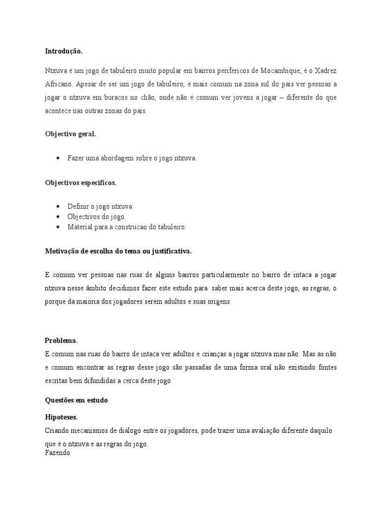 O Jogo Tradicional de Ntxuva na Comunidade de Intaca, Moçambique | PDF