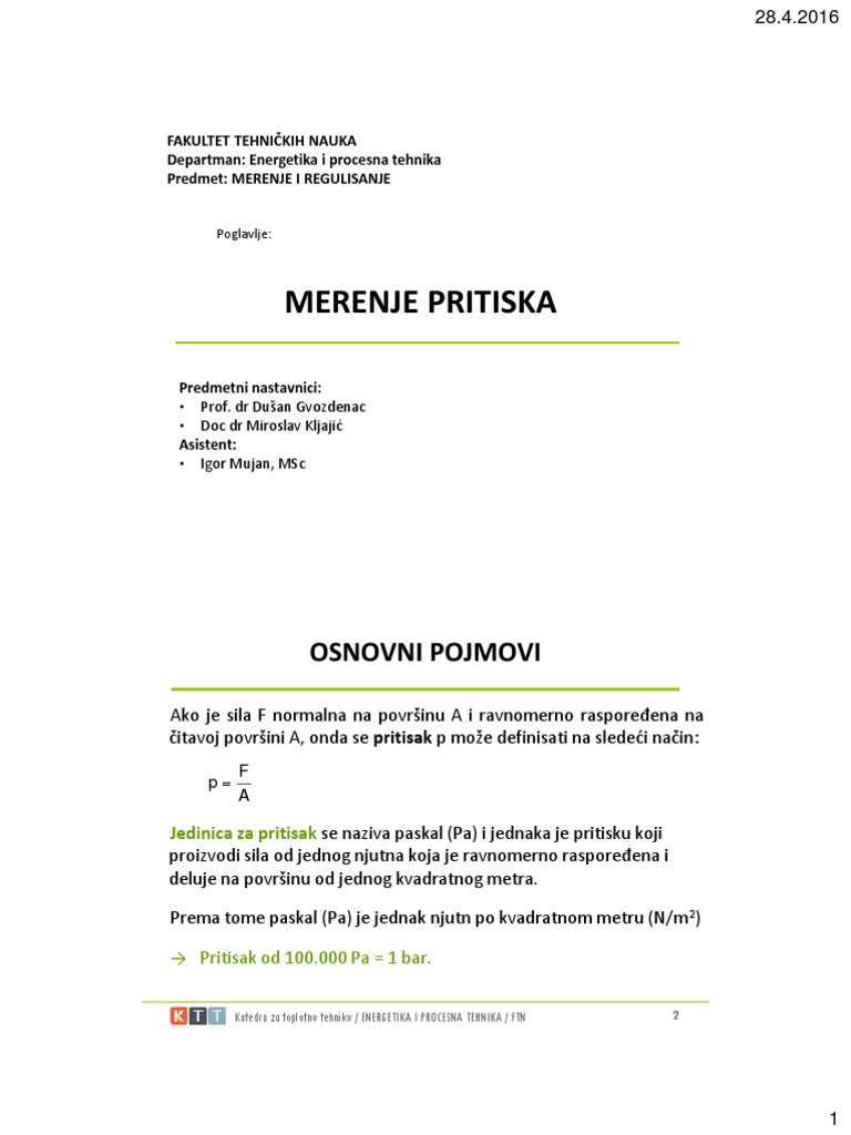 Predavanja-2 Pritisak | PDF