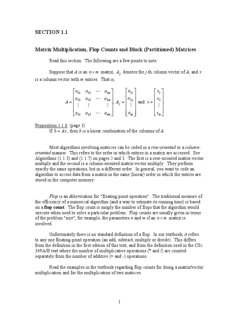 Section 1.1 Matrix Multiplication, Flop Counts and Block (Partitioned) Matrices | PDF | Matrix ...