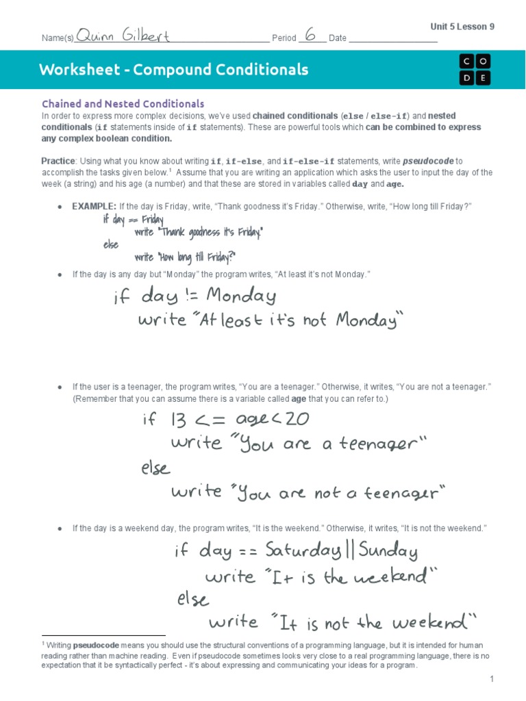 Worksheet Compound Conditionals Chained And Nested Conditionals Pdf Boolean Data Type