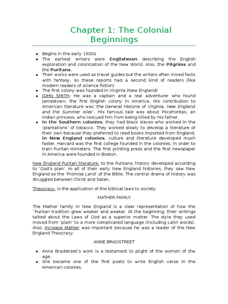 Chapter 1-The Colonial Beginnings | PDF | Puritans | Poetry