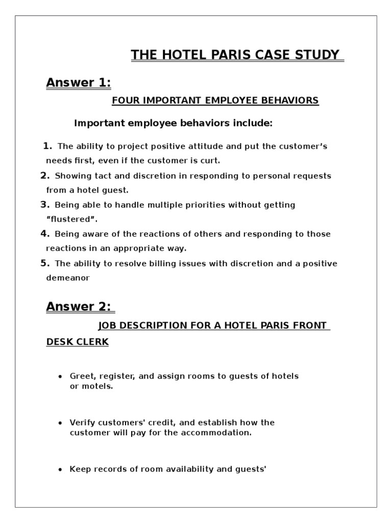 Hotel Paris Case Study Insights | PDF | Hotel | Bookkeeping