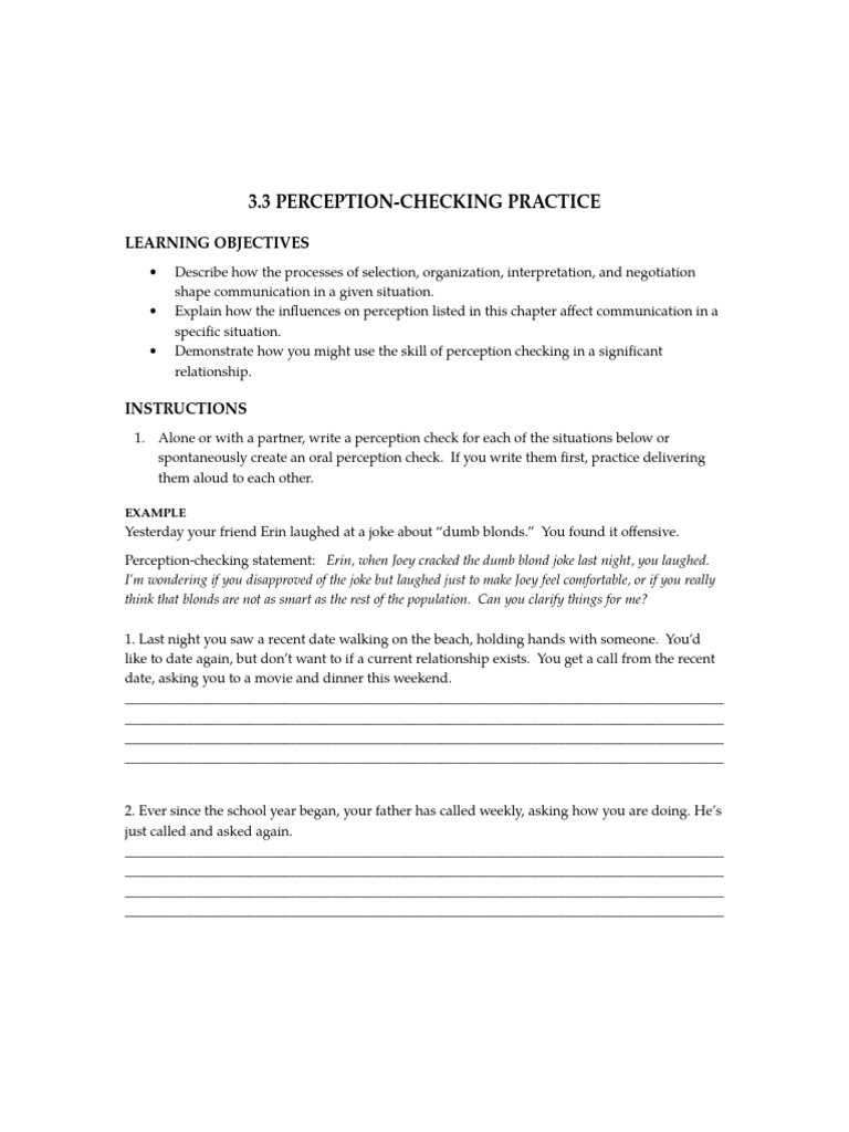 Perception-checking practice scenarios | PDF | Psychological Concepts ...