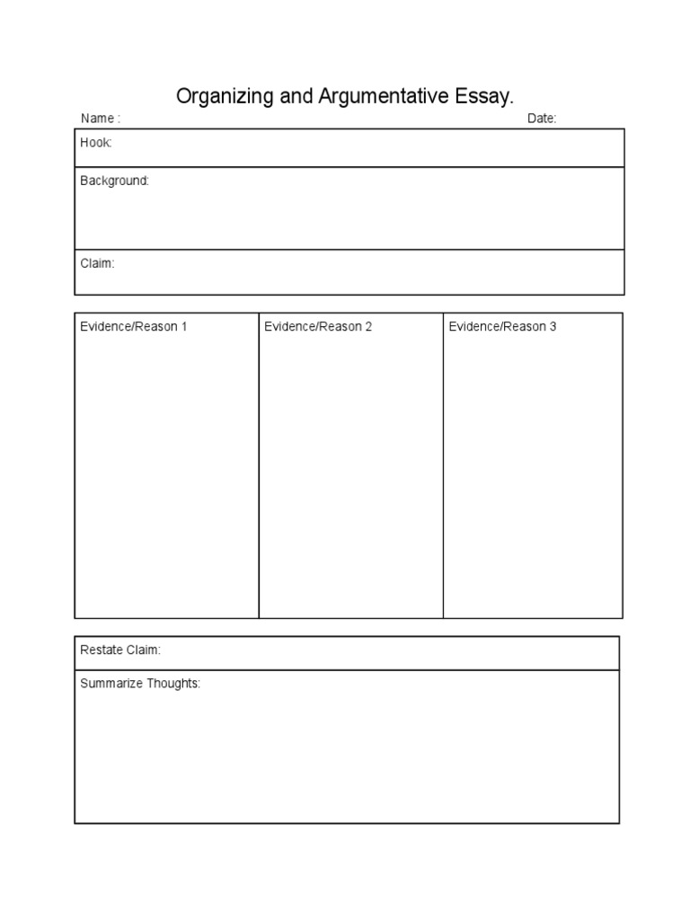 Organizing and Argumentative Essay.: Name: Date: Hook: Background | PDF