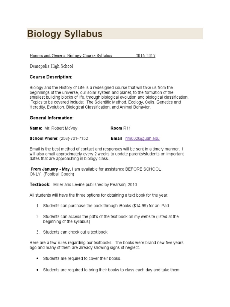 General Biology Syllabus | PDF | Homework | Textbook