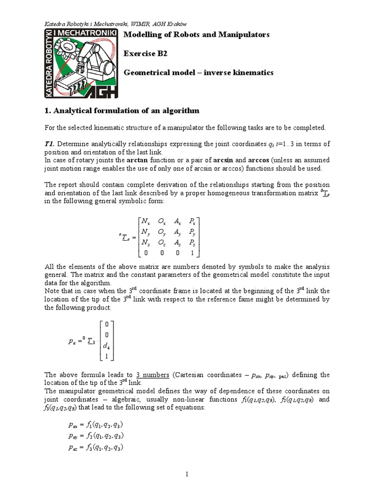 Modelling of Robots and Manipulators Exercise B2 Geometrical Model - Inverse Kinematics | PDF ...