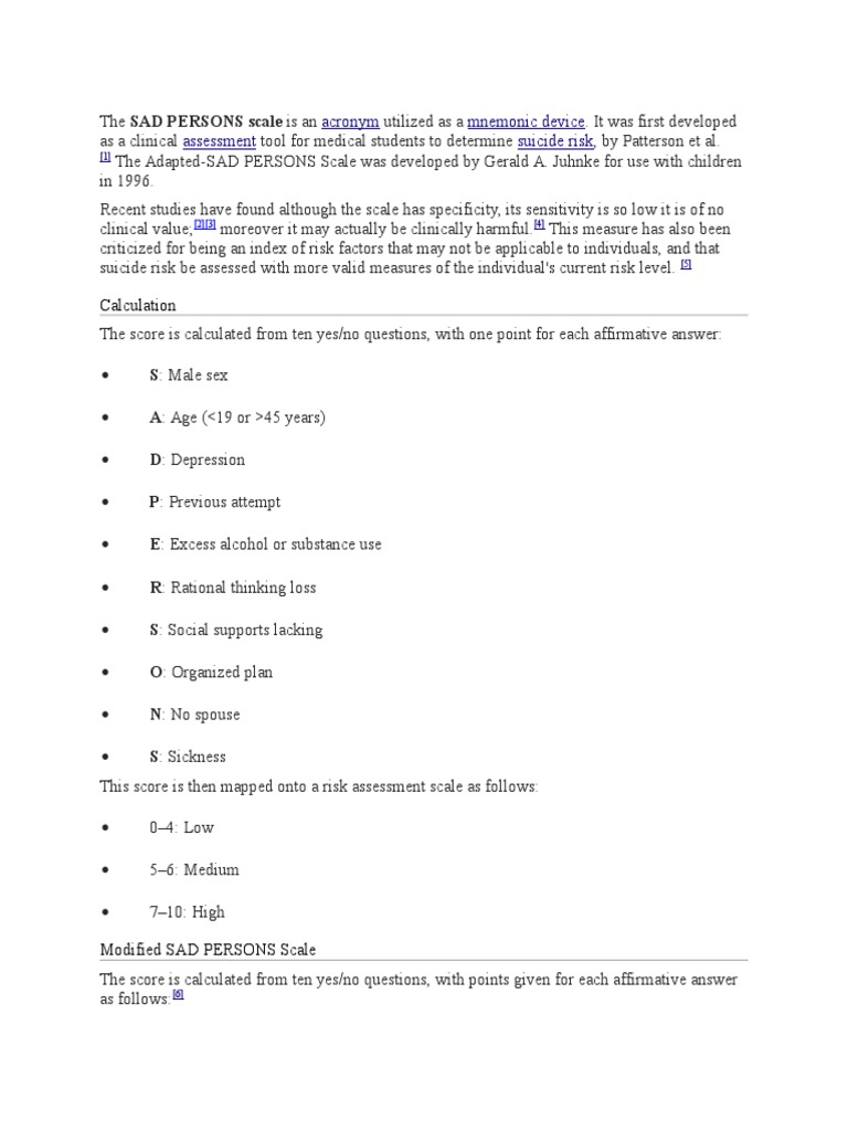 SAD PERSONS Scale Clinical Assessment Tool for Suicide Risk | PDF ...