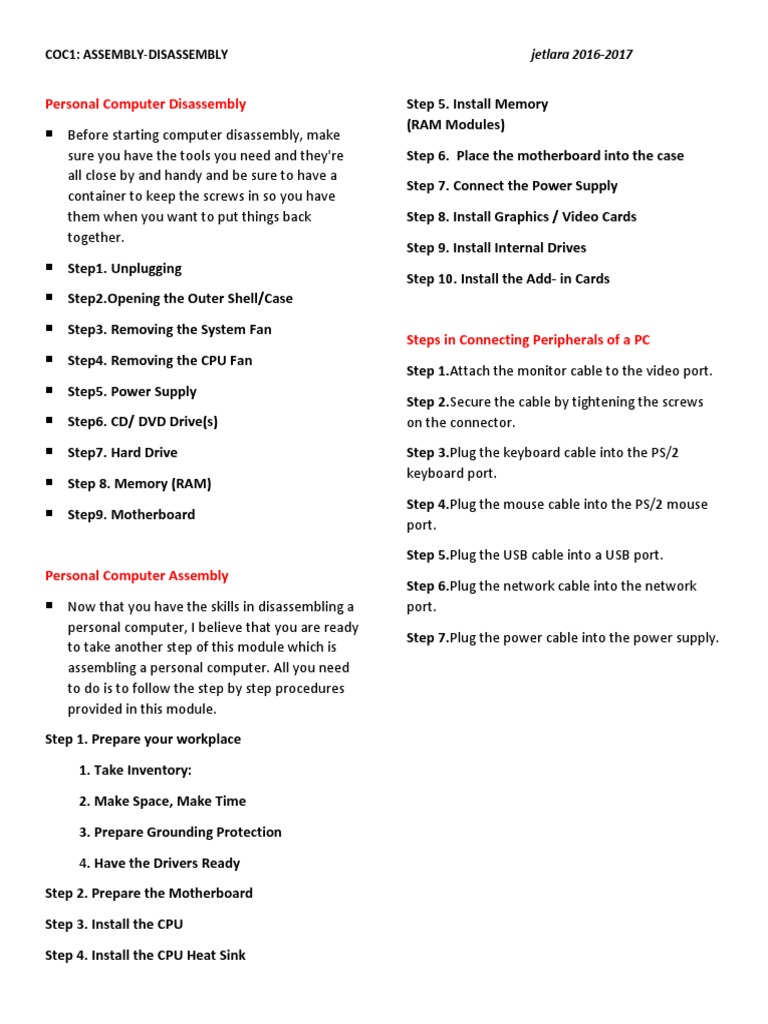 COC1 Personal Computer Disassembly Assembly | PDF | Personal Computers | Electrical Connector