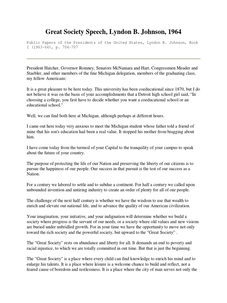 Great Society Speech, Lyndon B. Johnson, 1964 | PDF | Great Society ...