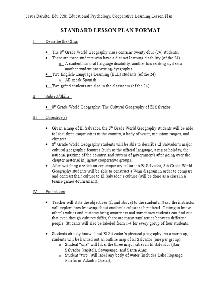 Cooperative Learning Lesson Plan Edu 220 | PDF | Lesson Plan | Cognition