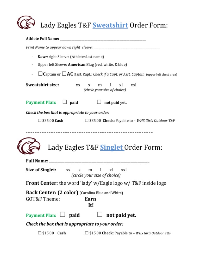 Final Girls Outdoor T F Order Forms | PDF | Clothing | Sports