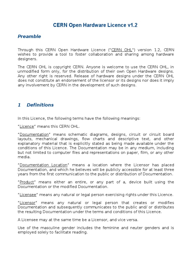 CERN Open Hardware Licence v1.2: Preamble | Download Free PDF | License ...