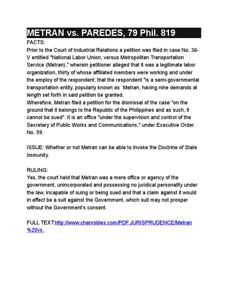 METRAN Vs Paredes Case Digest | PDF