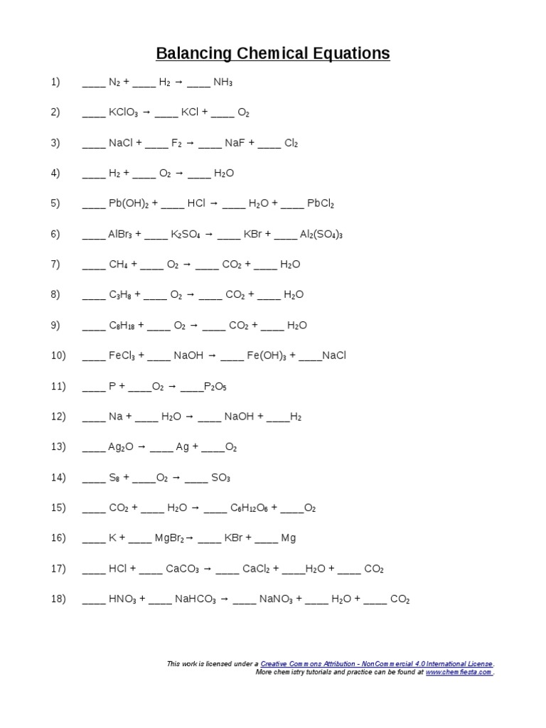 Balancing Equations Practice Sheet | PDF