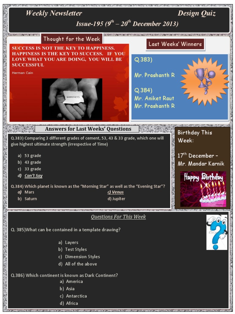 Weekly Newsletter Design Quiz: Issue-195 (9 - 20 December 2013) | PDF