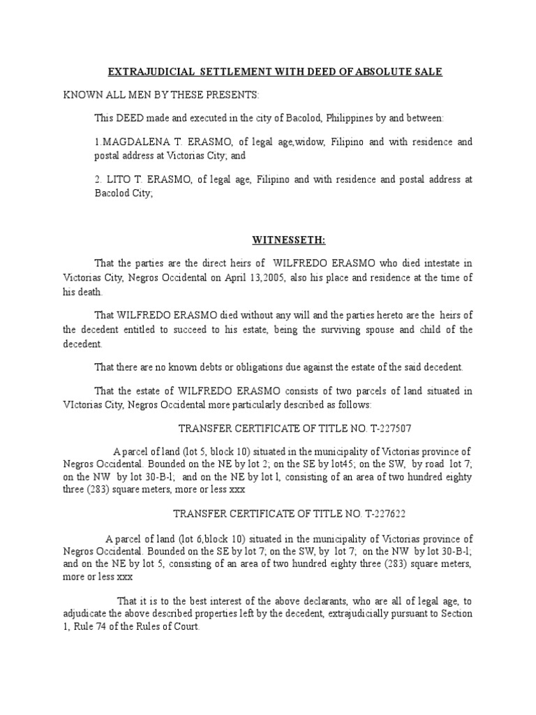 Extrajudicial Settlement With Deed of Absolute Sale | Download Free PDF | Justice | Crime & Violence