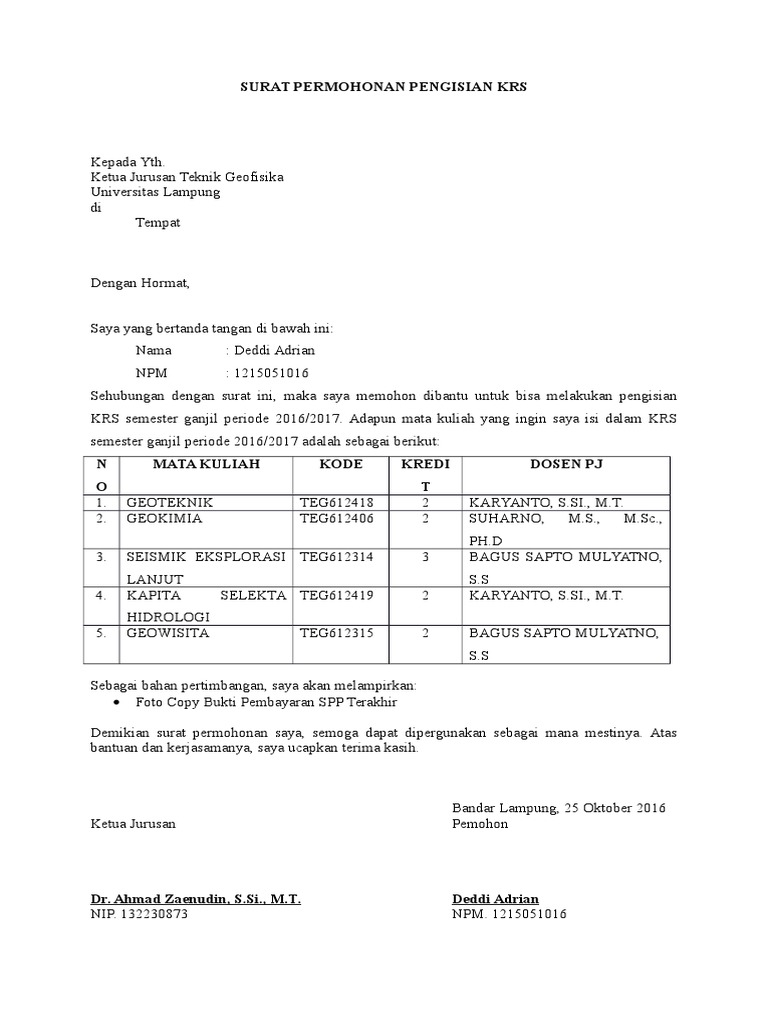 Surat Permohonan Pengisian Krs | PDF
