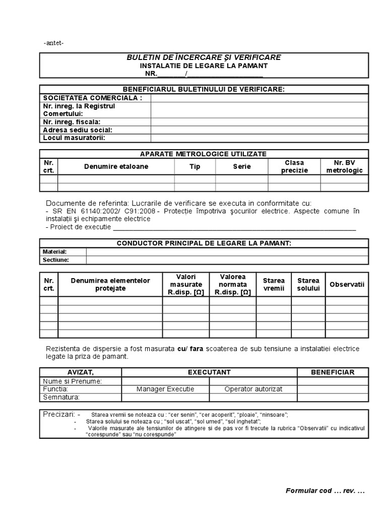 Buletin Incercare Si Verificare Prize de Pamant | PDF