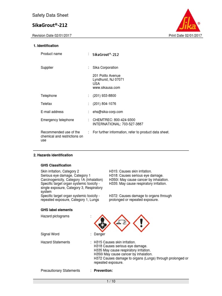 Msds CPD Sika Grout 212 Us | PDF | Volatile Organic Compound | Personal ...