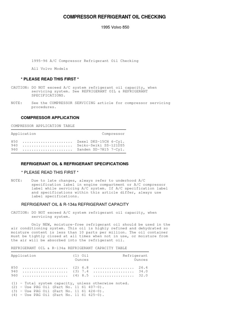 Volvo A/C Compressor Oil Guidelines | PDF | Air Conditioning | Gas ...