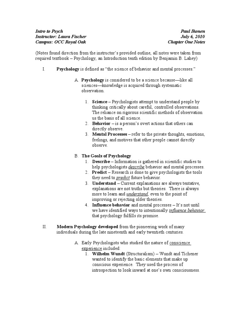 Intro To Psych Chapter One Notes | PDF | Psychology | Thought