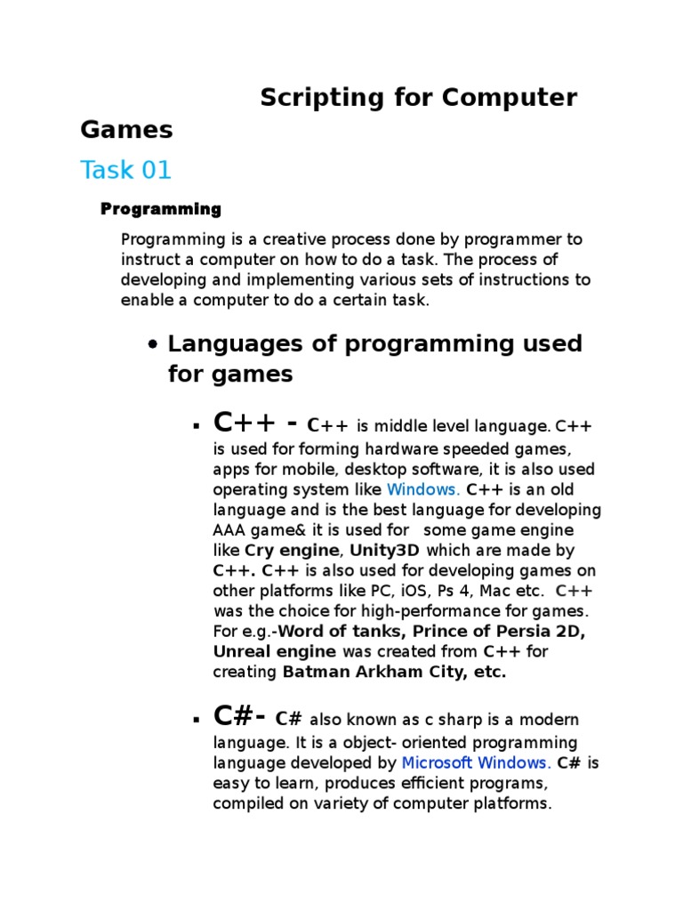 Scripting For Computer Games Application Programming Interface Scripting Language 