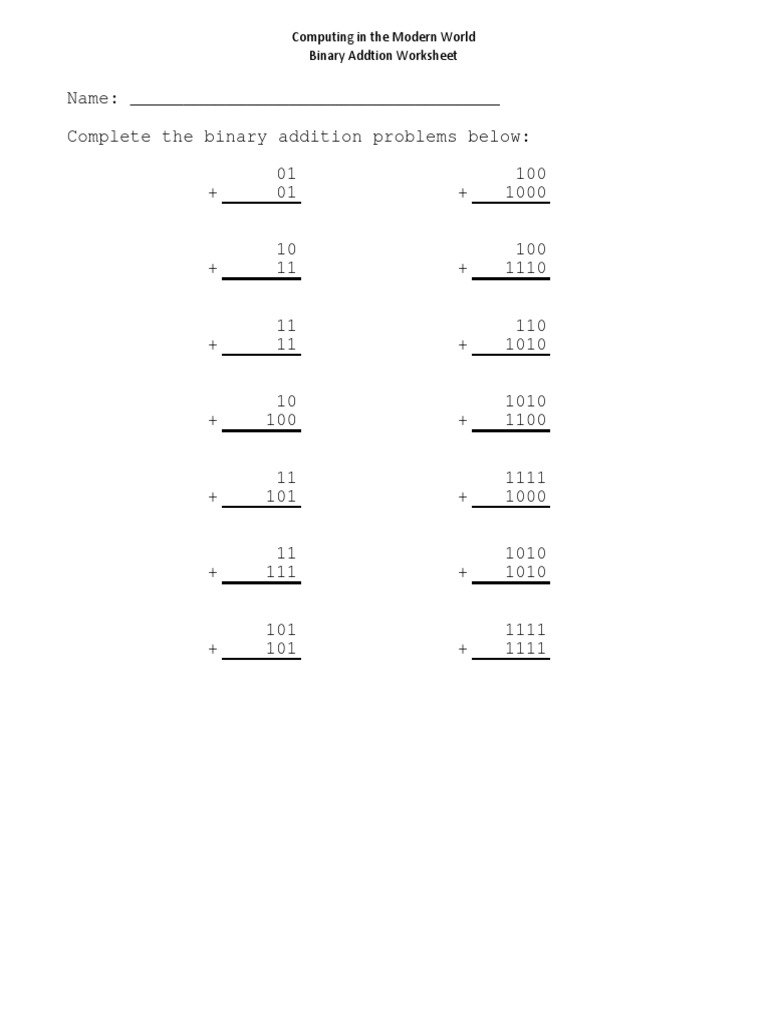 Binary addition practice problems | PDF