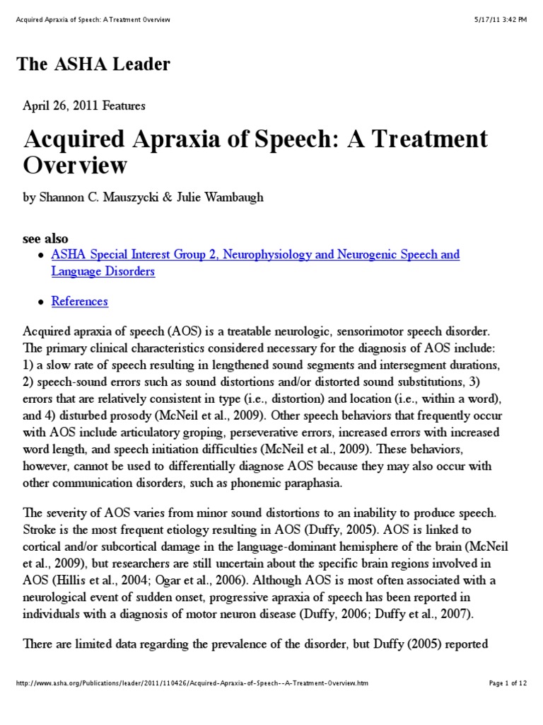 Acquired Apraxia of Speech Treatment Overview PDF | PDF | Human Voice ...