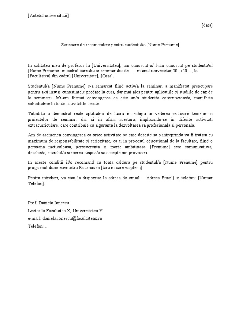 Model Scrisoare Recomandare Student PDF | PDF