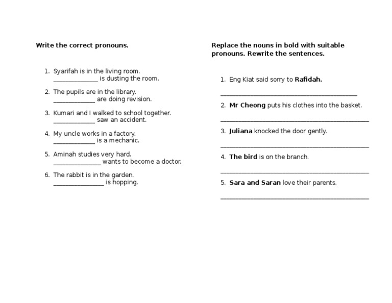Write The Correct Pronouns. Replace The Nouns in Bold With Suitable ...