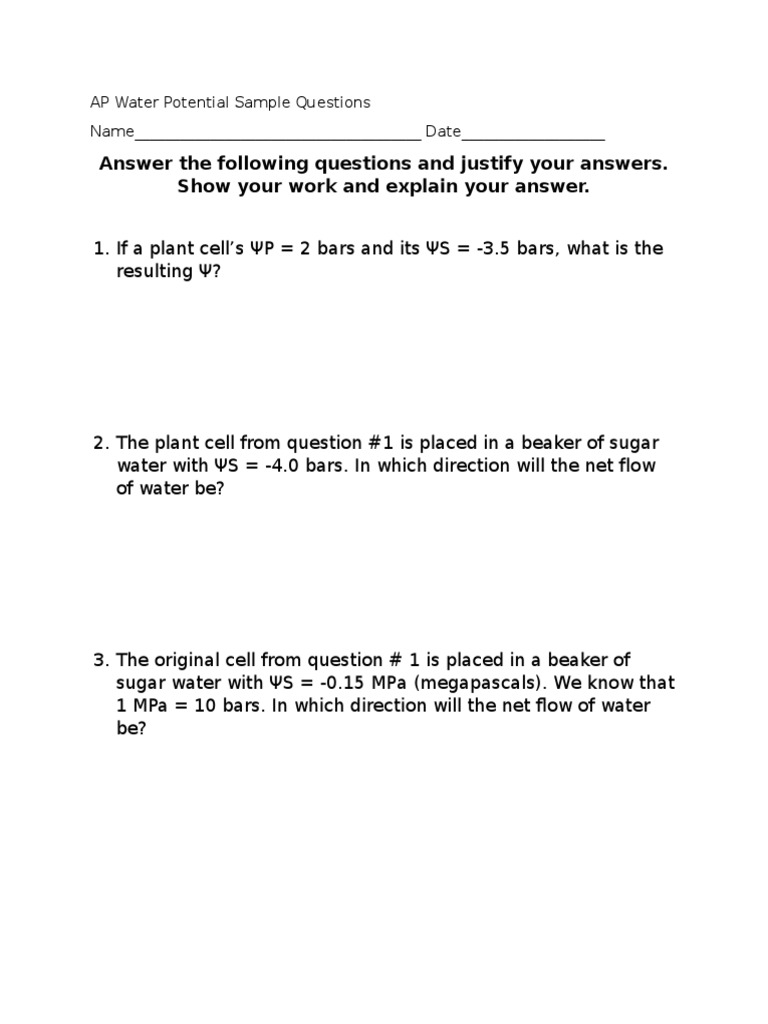 AP Water Potential Practice Questions | PDF | Science & Mathematics