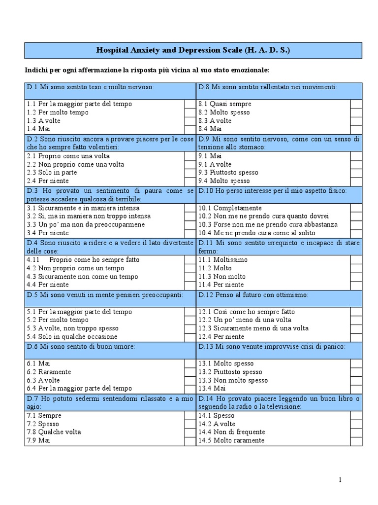 Hospital Anxiety and Depression Scale italiano