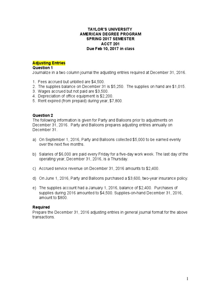 Adjusting Entries Exercises - SPRING 2017 | PDF | Expense | Payments